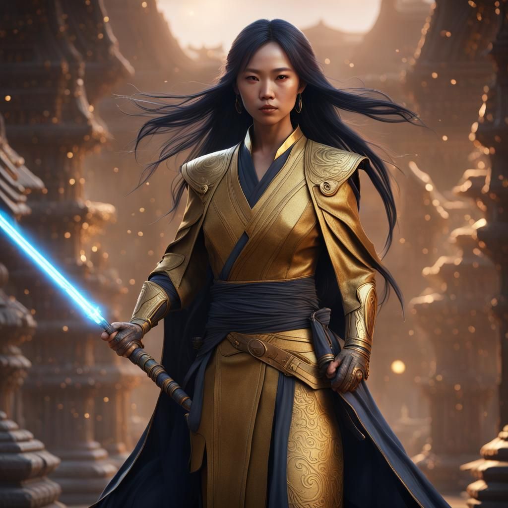 Thuy Trang as the indigo gold jedi warrior - AI Generated Artwork - NightCafe Creator