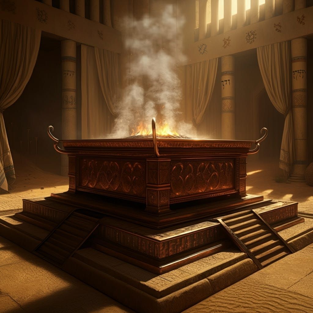 A highly detailed, 3D-rendered digital artwork of the Copper Altar ...