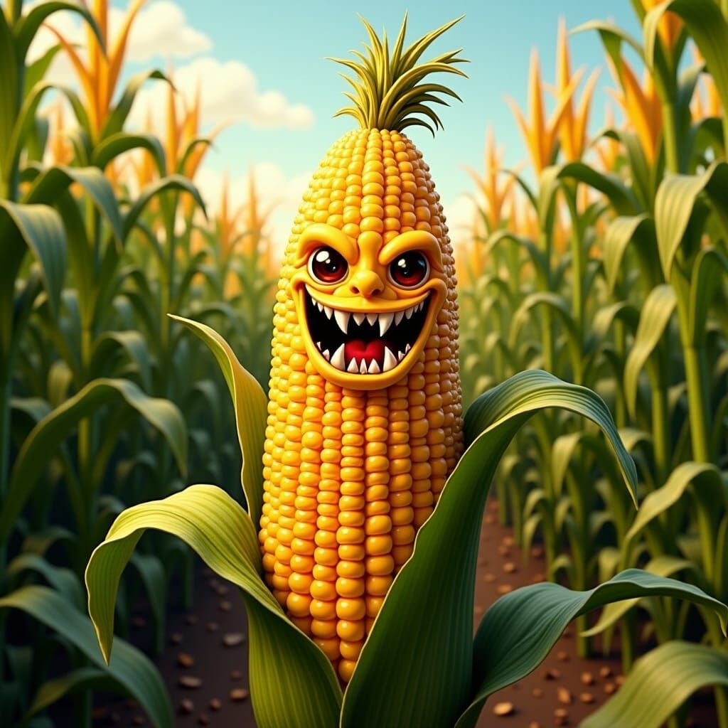 Scary Corn - Cyberpunk-Style Corn Monster in a Whimsical Cor...