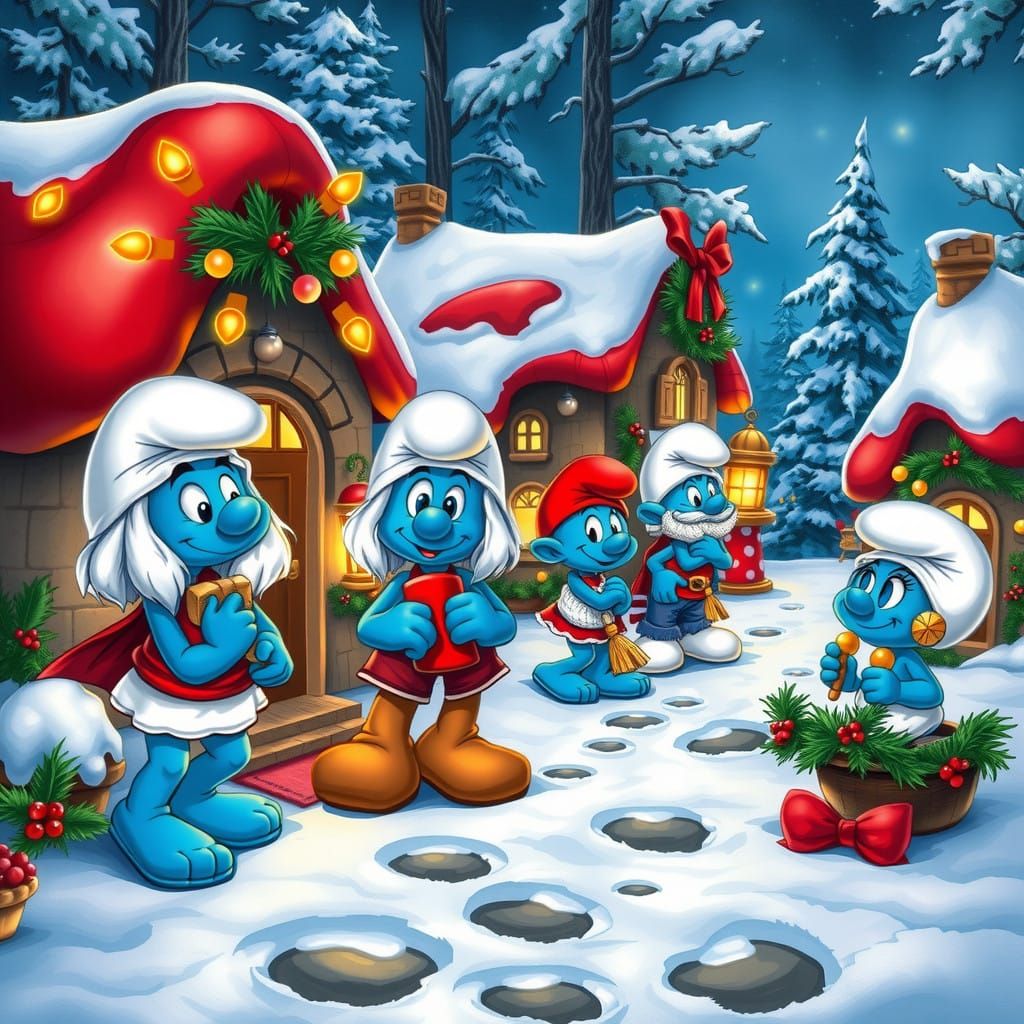 The smurfs decorating their village with Christmas lights and ornaments