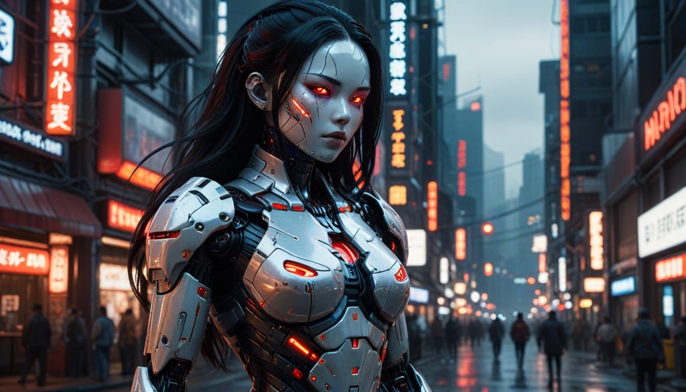 …gynoid in white with cyberpunk background - realistic…
