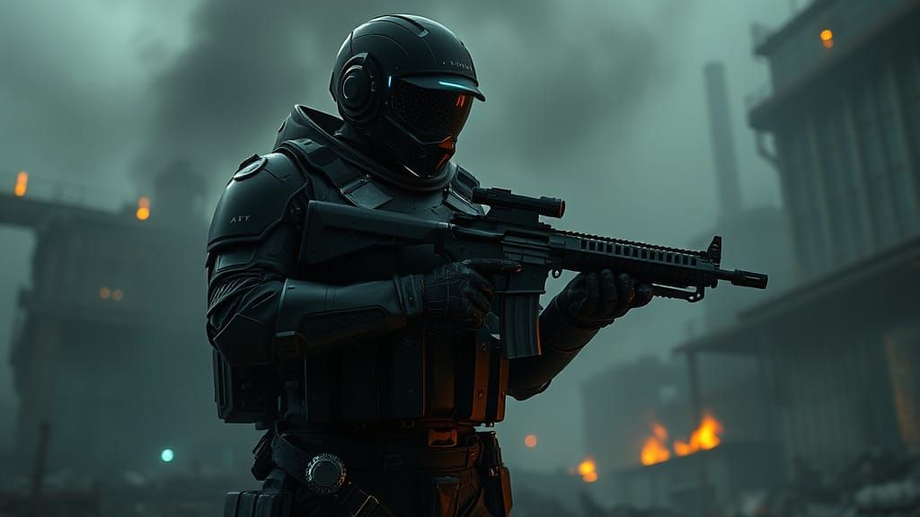 Cyberpunk Security Operative in Industrial Ruins - AI Art