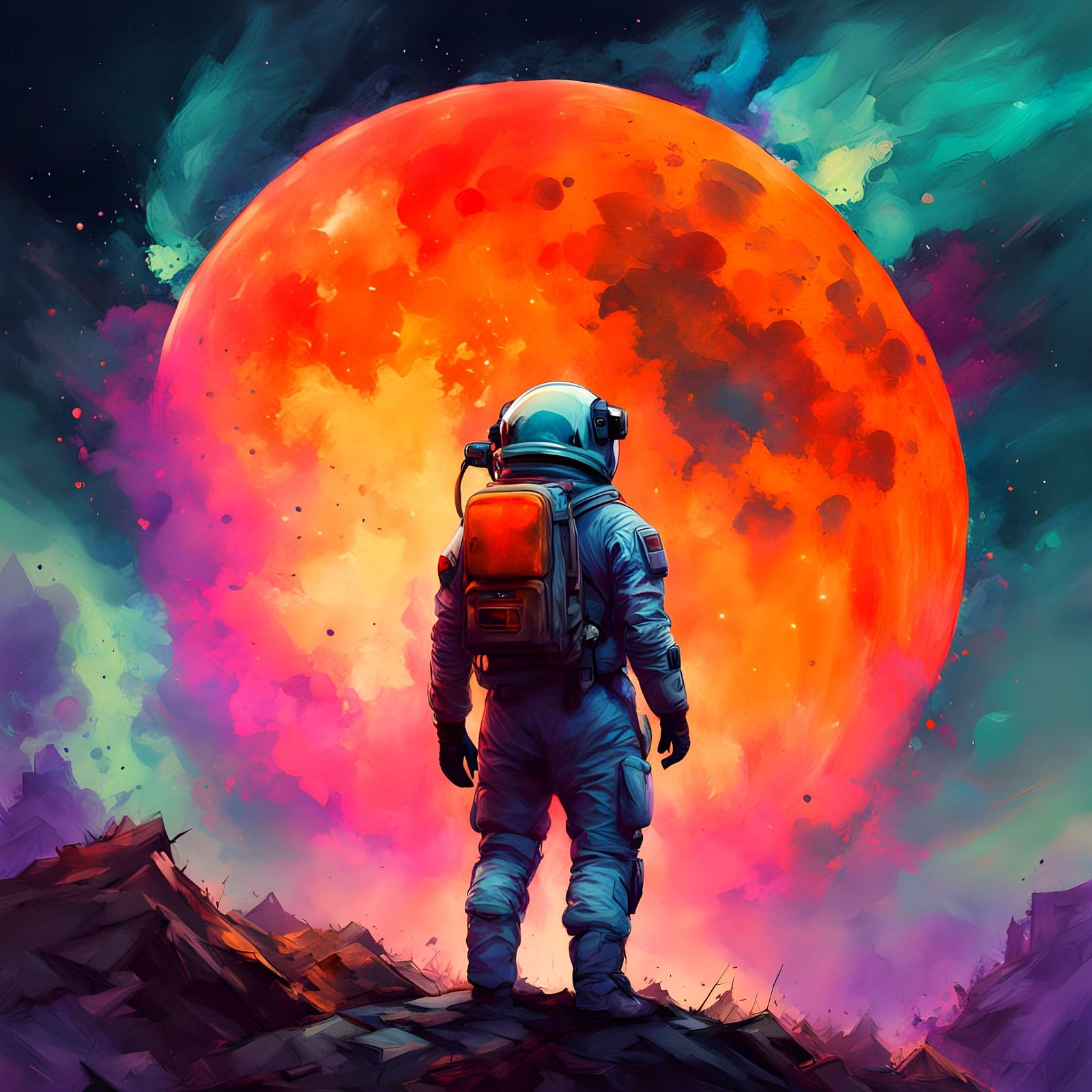Brethren Moon - Epic Orange Astronaut Stares at a Red Moonli...
