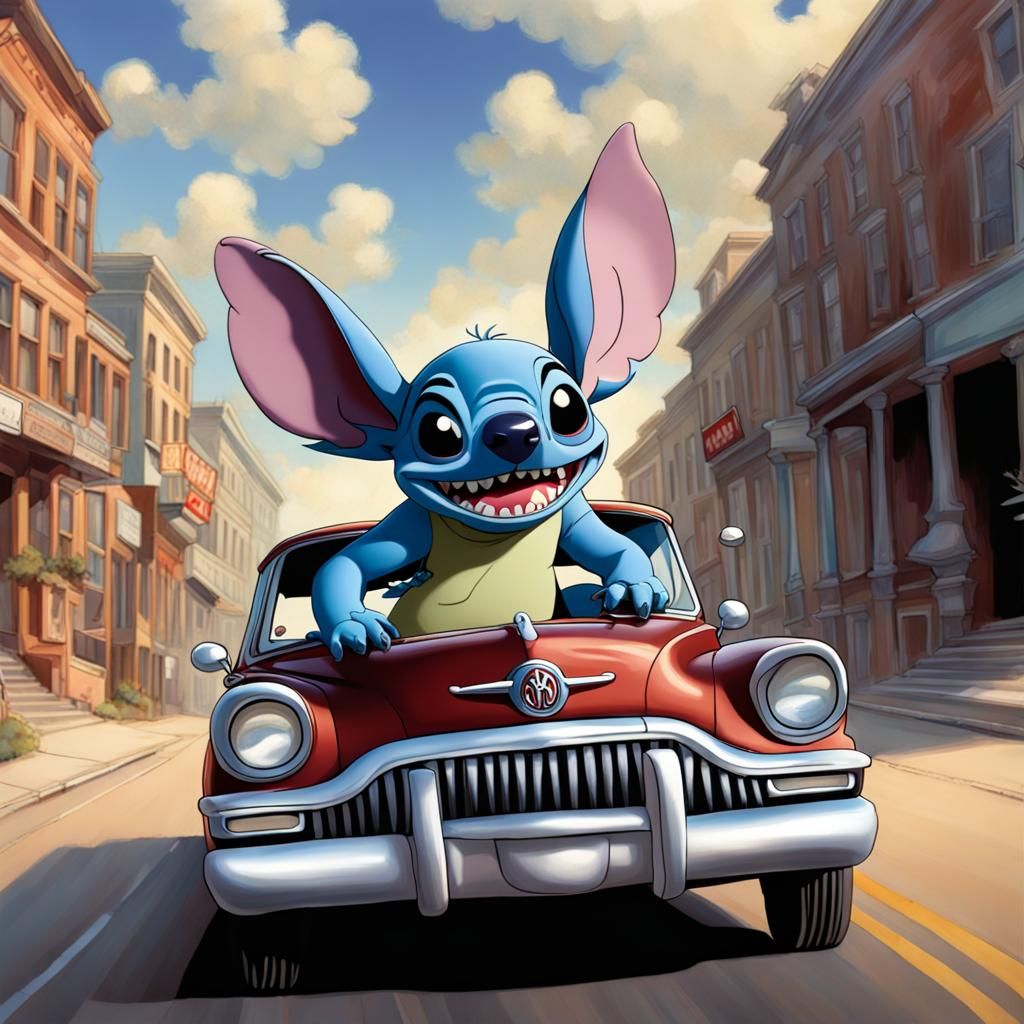 Stitch driving a 2006 Buick LaCross, perfectly rendered surrealism - AI ...