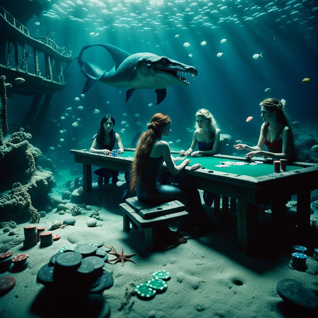 mermaids playing poker on an underwater shipwreck - AI Generated ...
