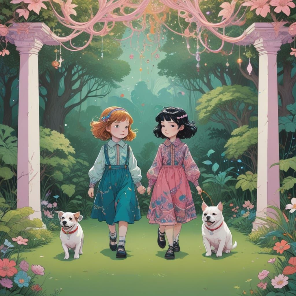 Whimsical Cartoon Garden Scene with Children and P... - AI Art