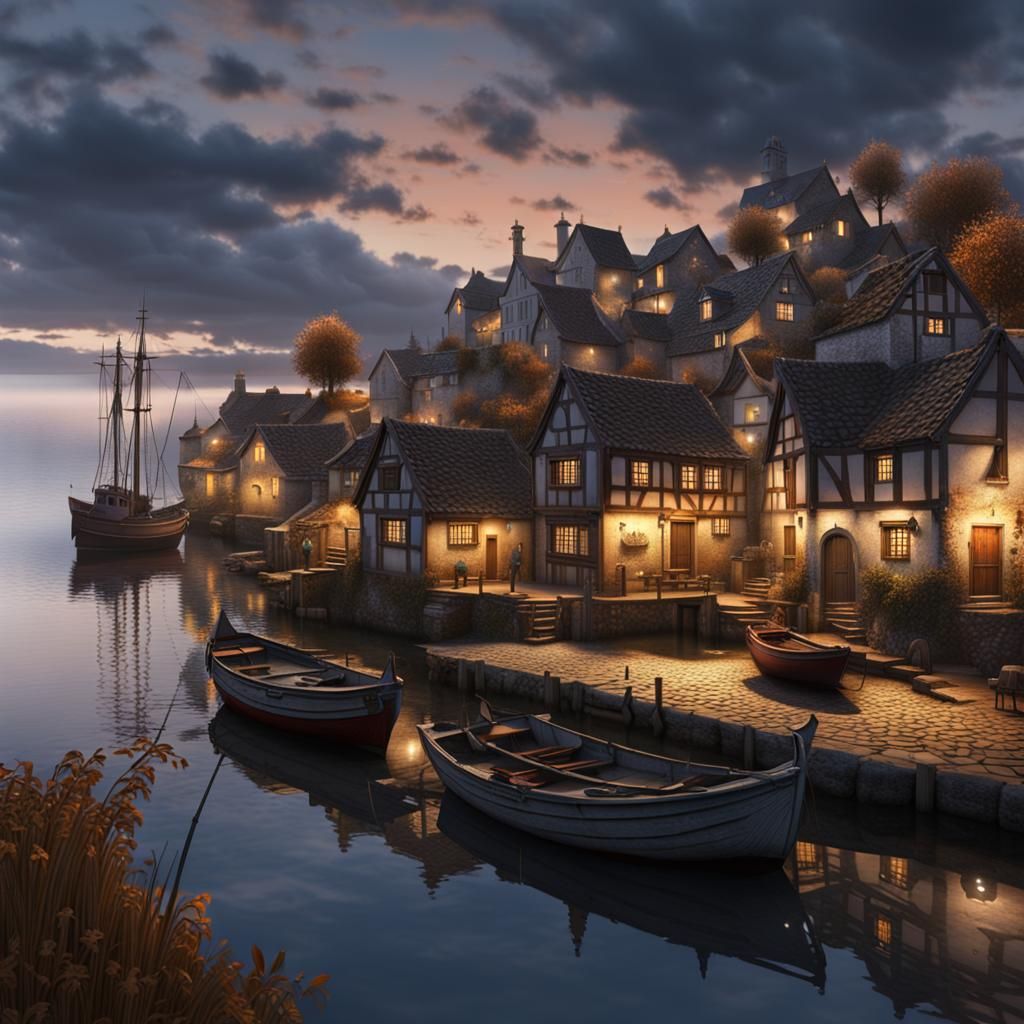 Intricately detailed picture of a medieval fishing village ...