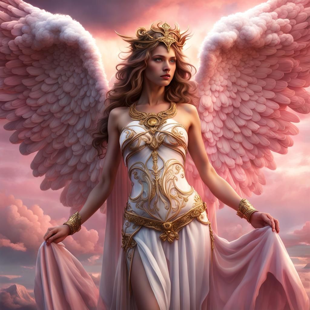 Greek godesses of love, angelic, clouds, wings, pink and white clothes ...