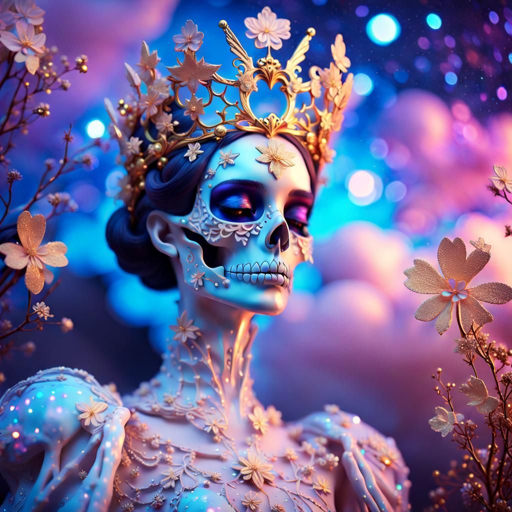 bright skeleton queen wearing a crown, iridescent opalescent galaxy ...