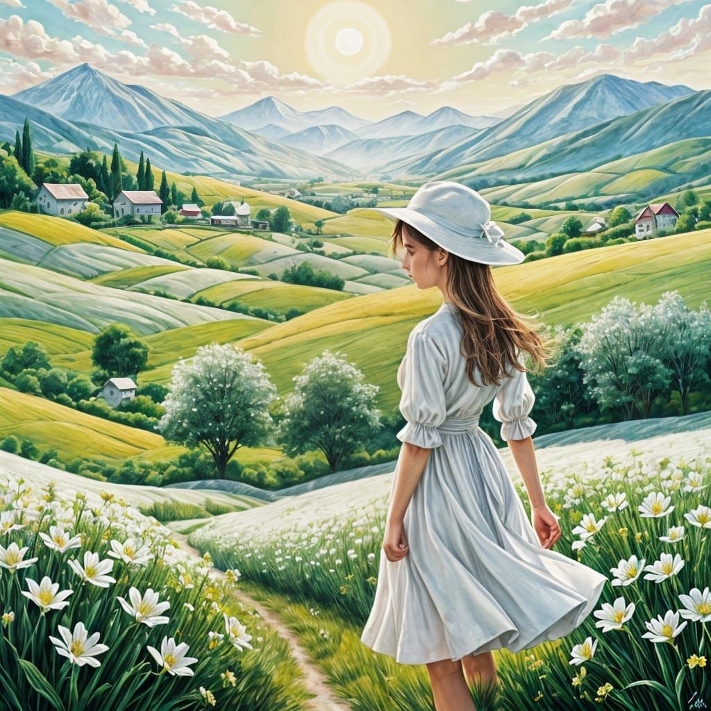 Spring's Golden Pathway - A Young Girl in a Vibrant Spring L...