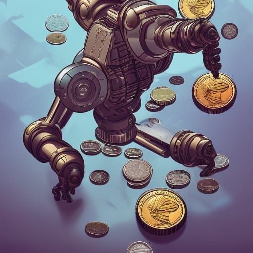 Design a robotic arm stacking coins or tokens, symbolizing the team's ...