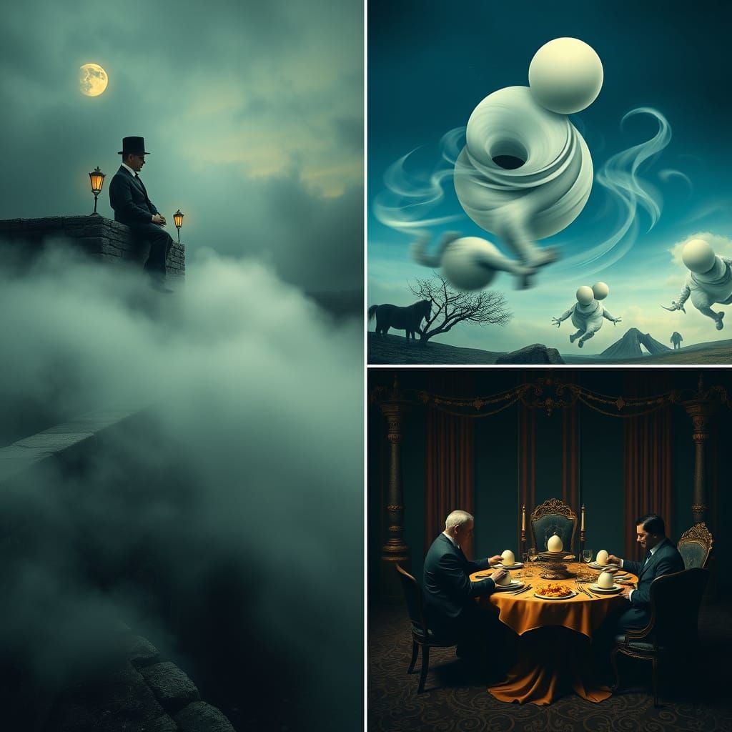 A surrealist photograph in four panels, each panel depicting a ...