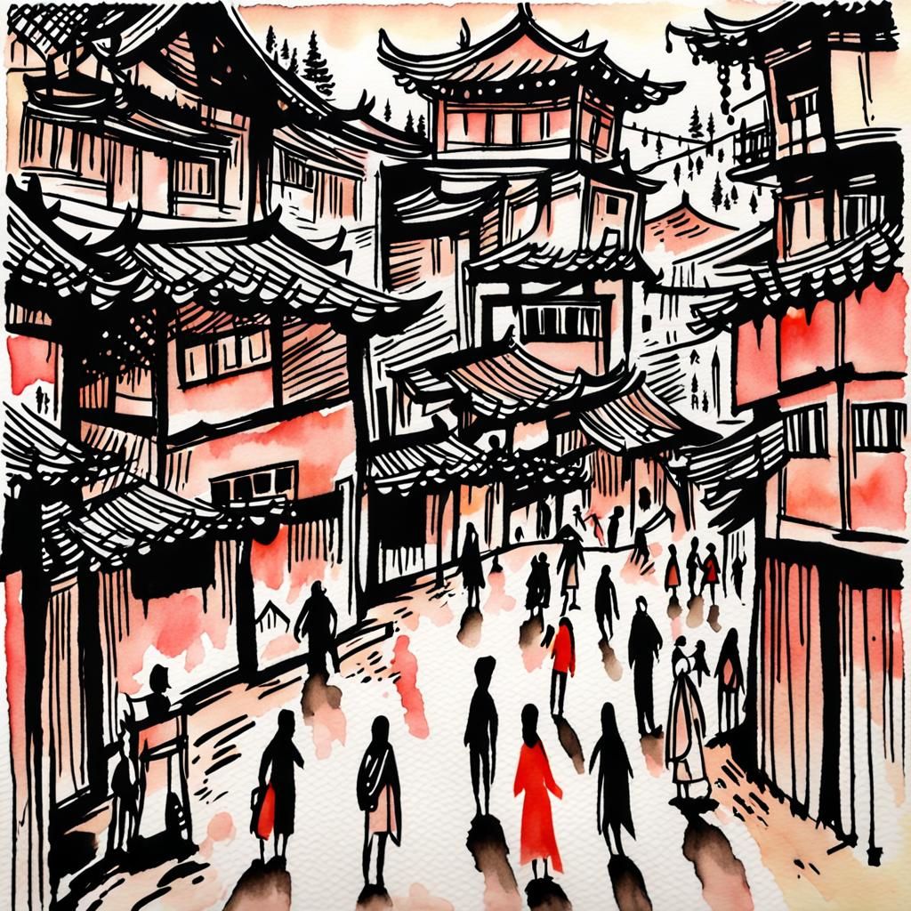 folk painting + oriental + ink drawing + watercolor + urban sketch ...