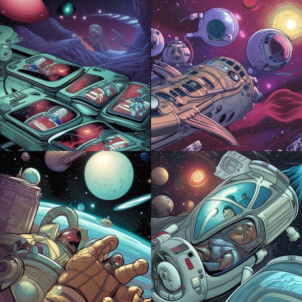 hundreds of life support pods with sleeping occupants floating in space ...