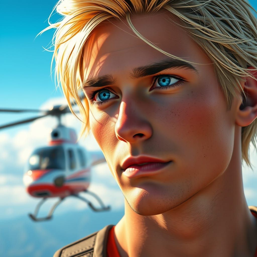 Magnificent Hero Watches Helicopter in Vibrant Blu... - AI Art