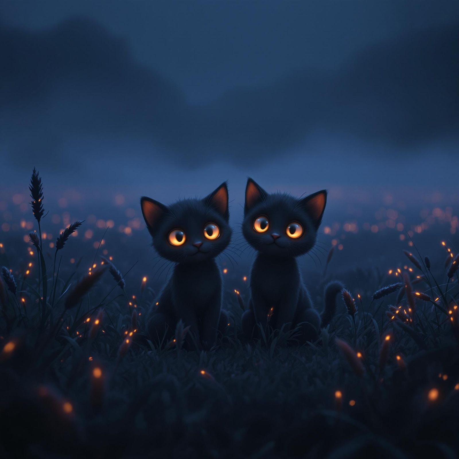 two Charming animated small kittens with oversized, dark orange eyes, and thin black fur ...