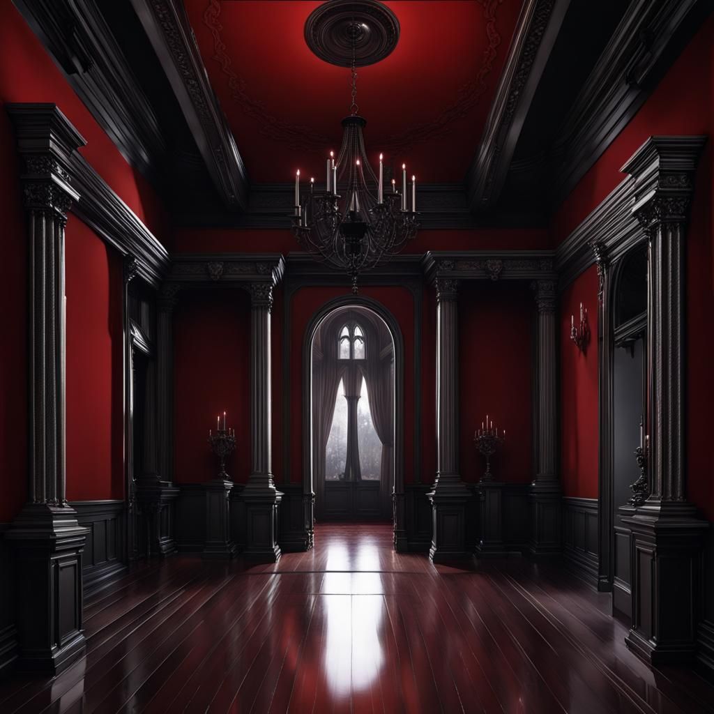 Deep red Gothic-style mansion Hall with black decor and black furniture ...