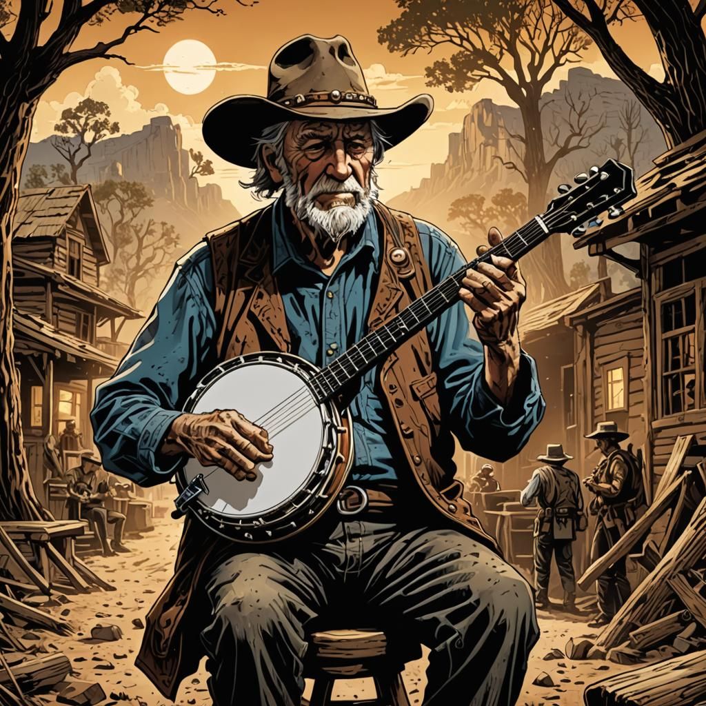 western movie scene of an old man playing banjo - AI Generated Artwork ...