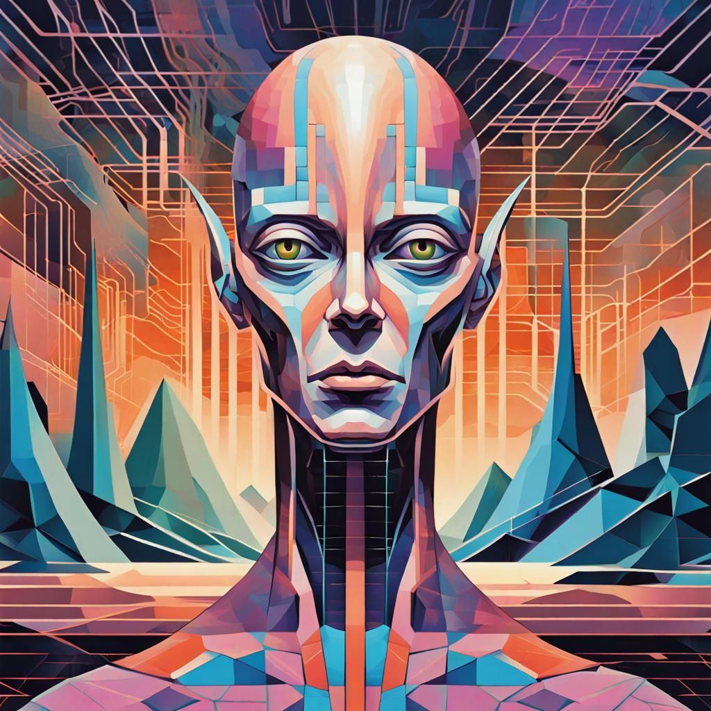 alien entity, standing tall on an otherworldly landscape; translucent ...