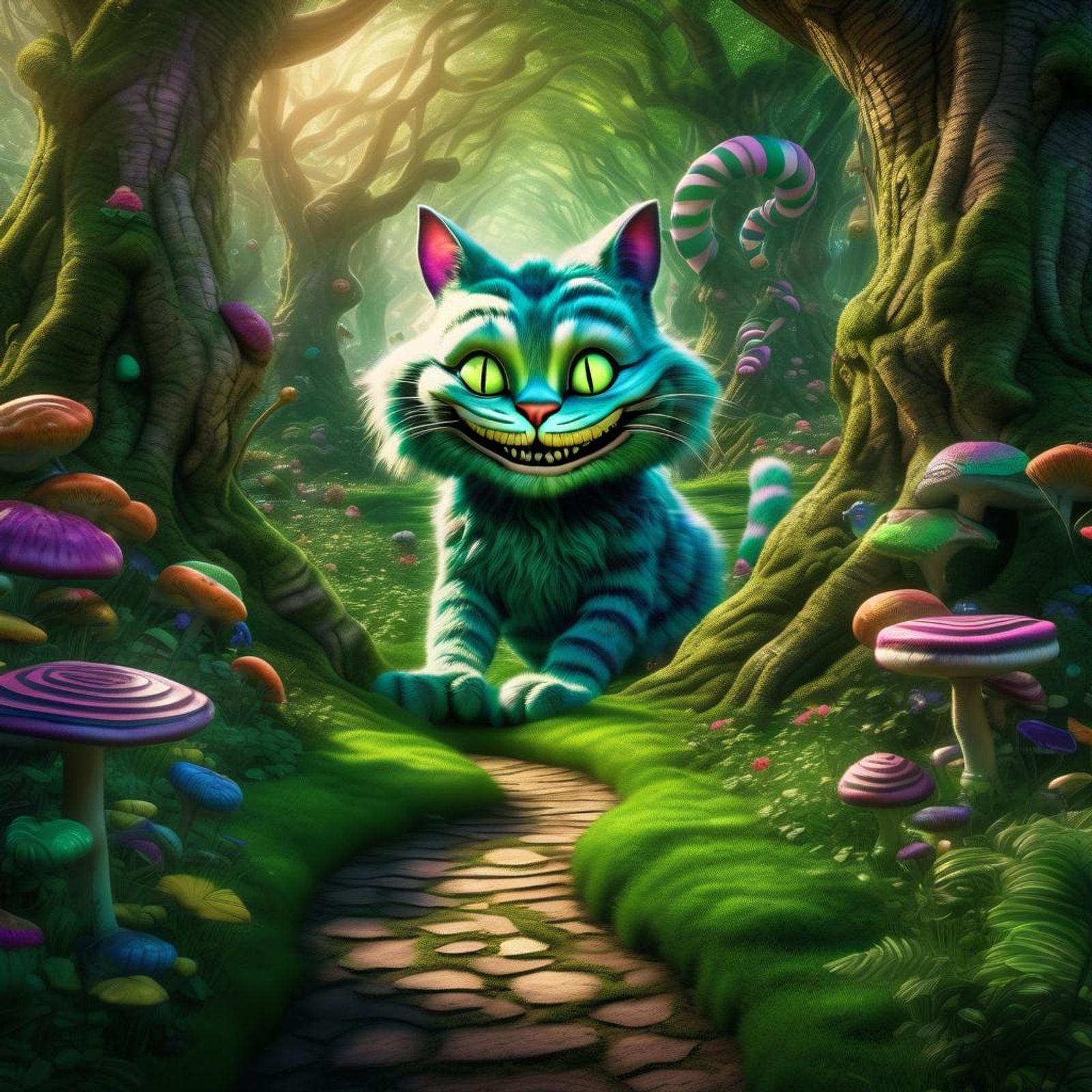 Alice in Wonderland talking to the Cheshire Cat in a lush green forest ...