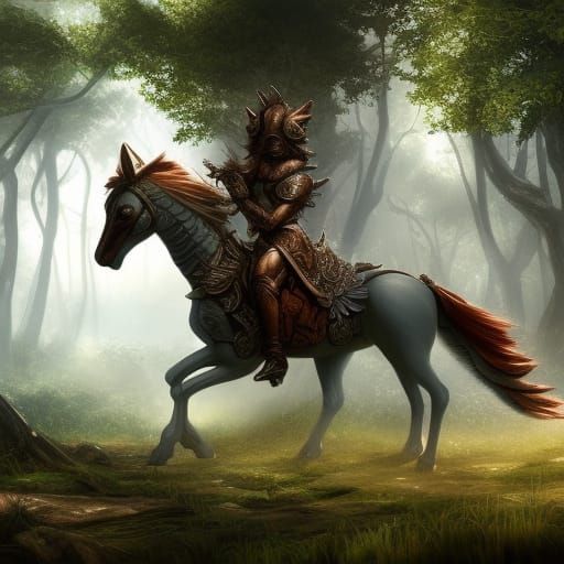 a royal armored centaur in a forest setting; intricately detailed armor ...