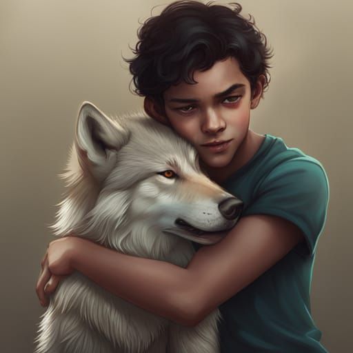 Boy hugging wolf - AI Generated Artwork - NightCafe Creator