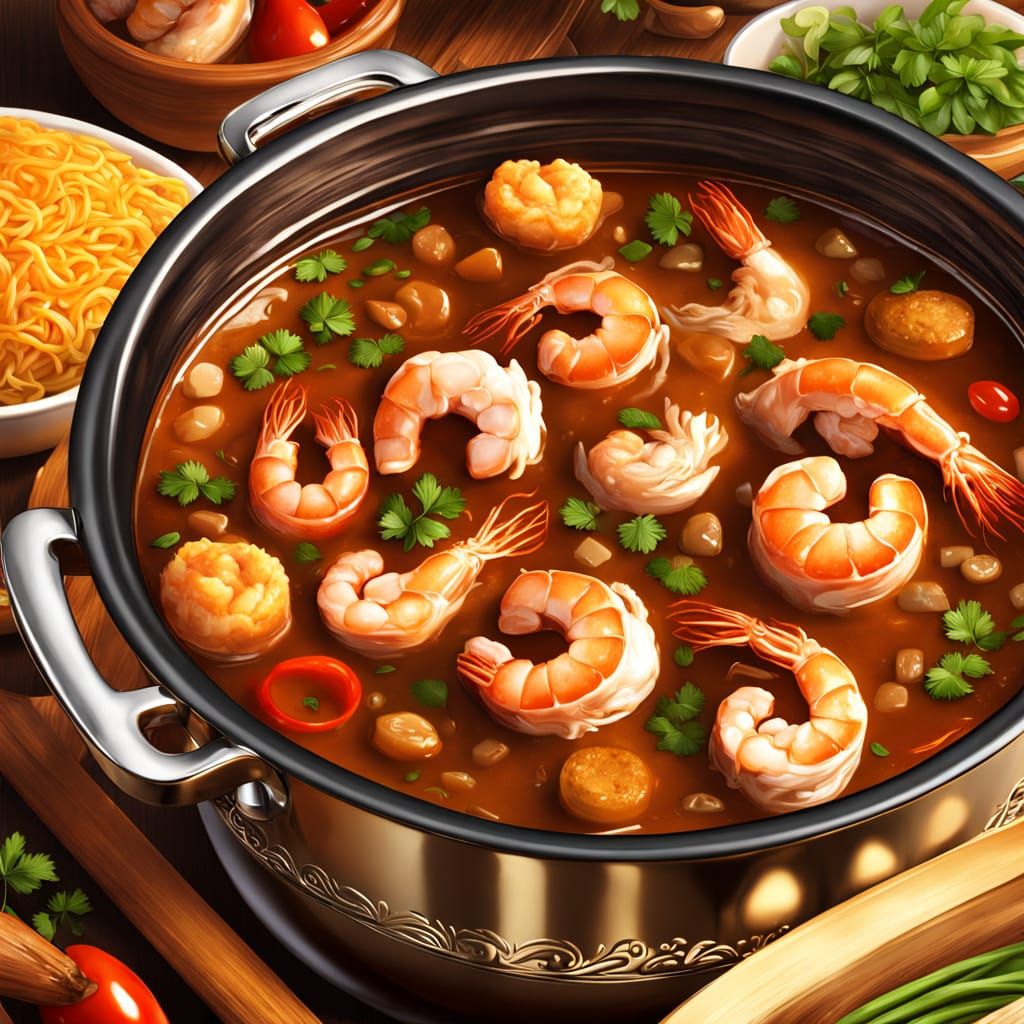 Vibrant Gumbo Masterpiece in Traditional Cast Iron... - AI Art