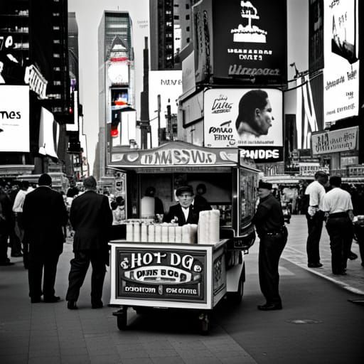 Black and white photo of a hot dog cart in Times Square. - AI Generated ...