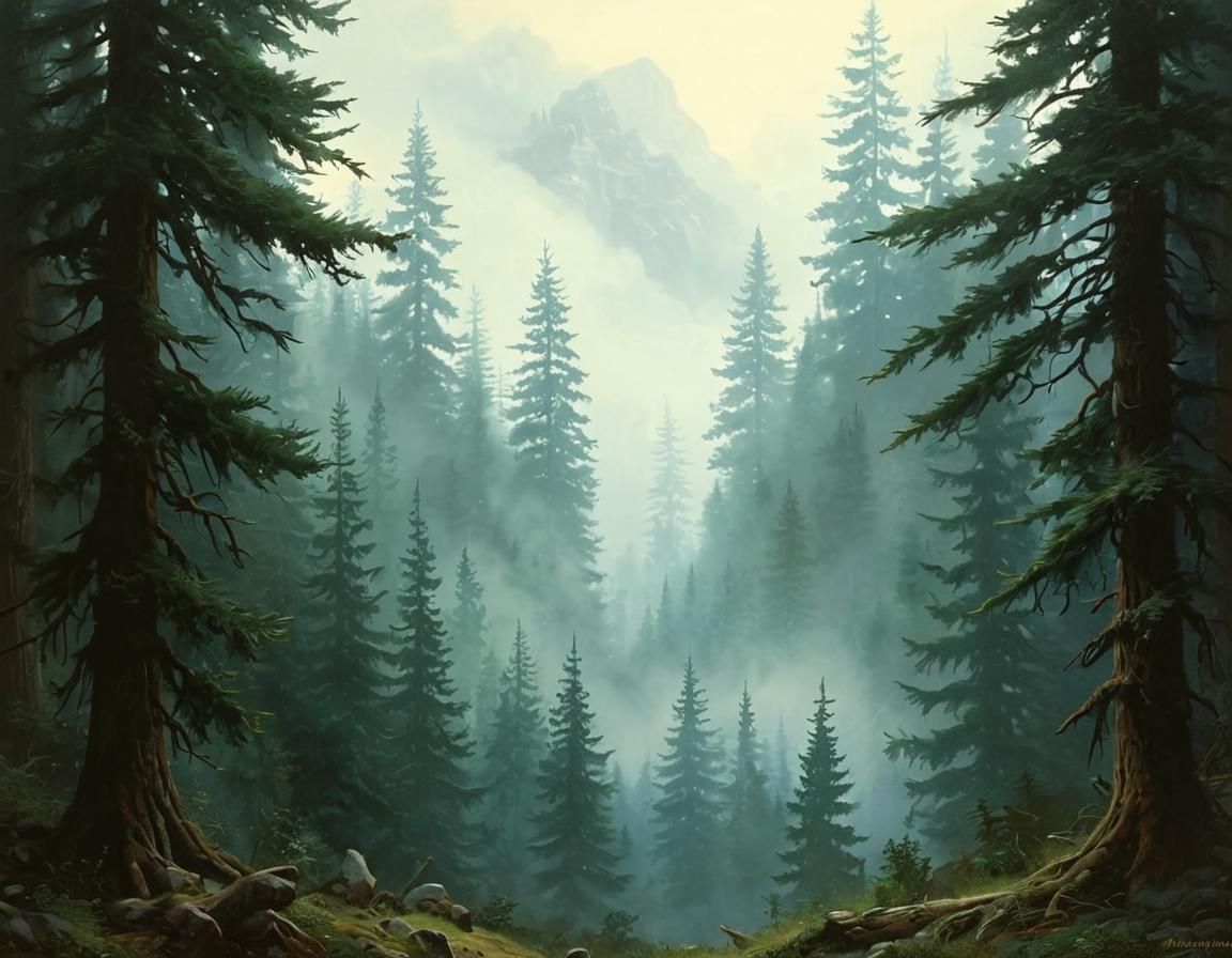 Ethereal Evergreen Forests of Wolfenvald in Fantas... - AI Art