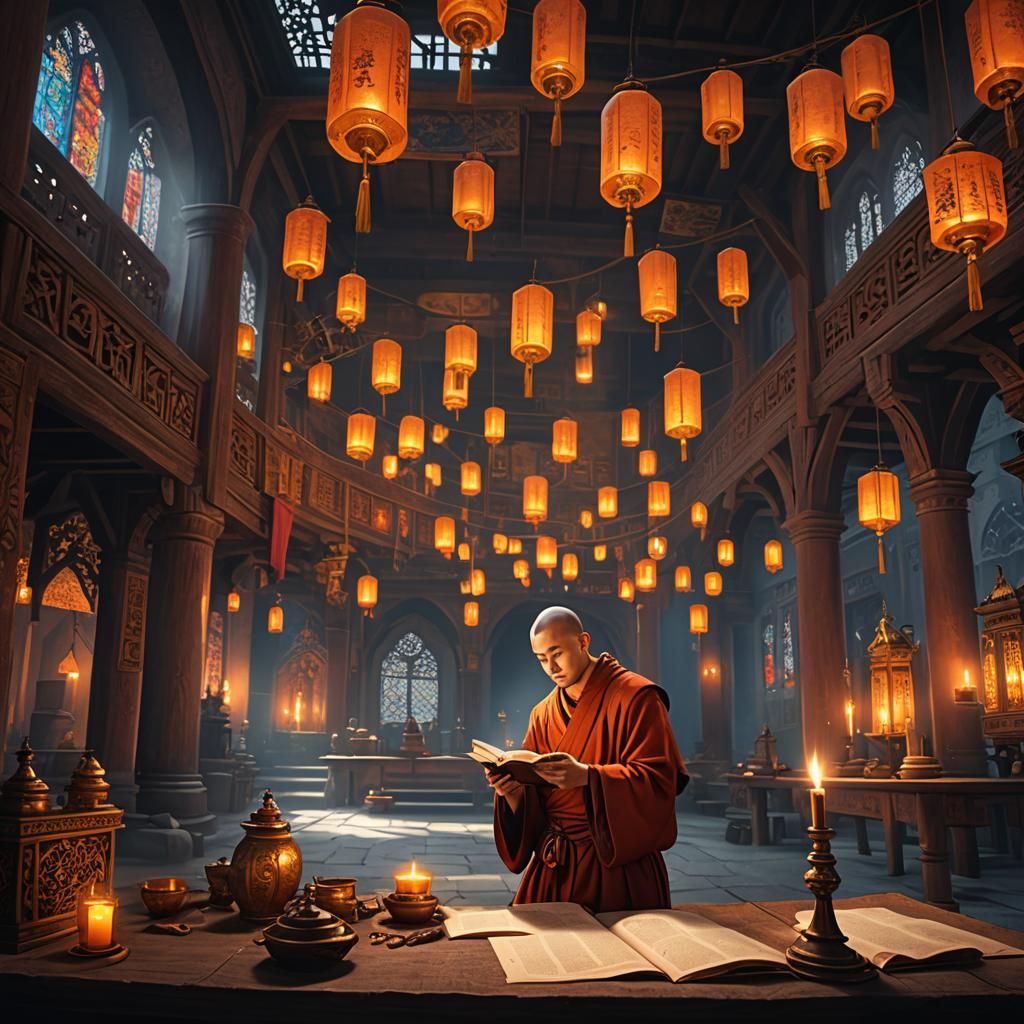 A monk in a lantern-illuminated monastery - AI Generated Artwork ...