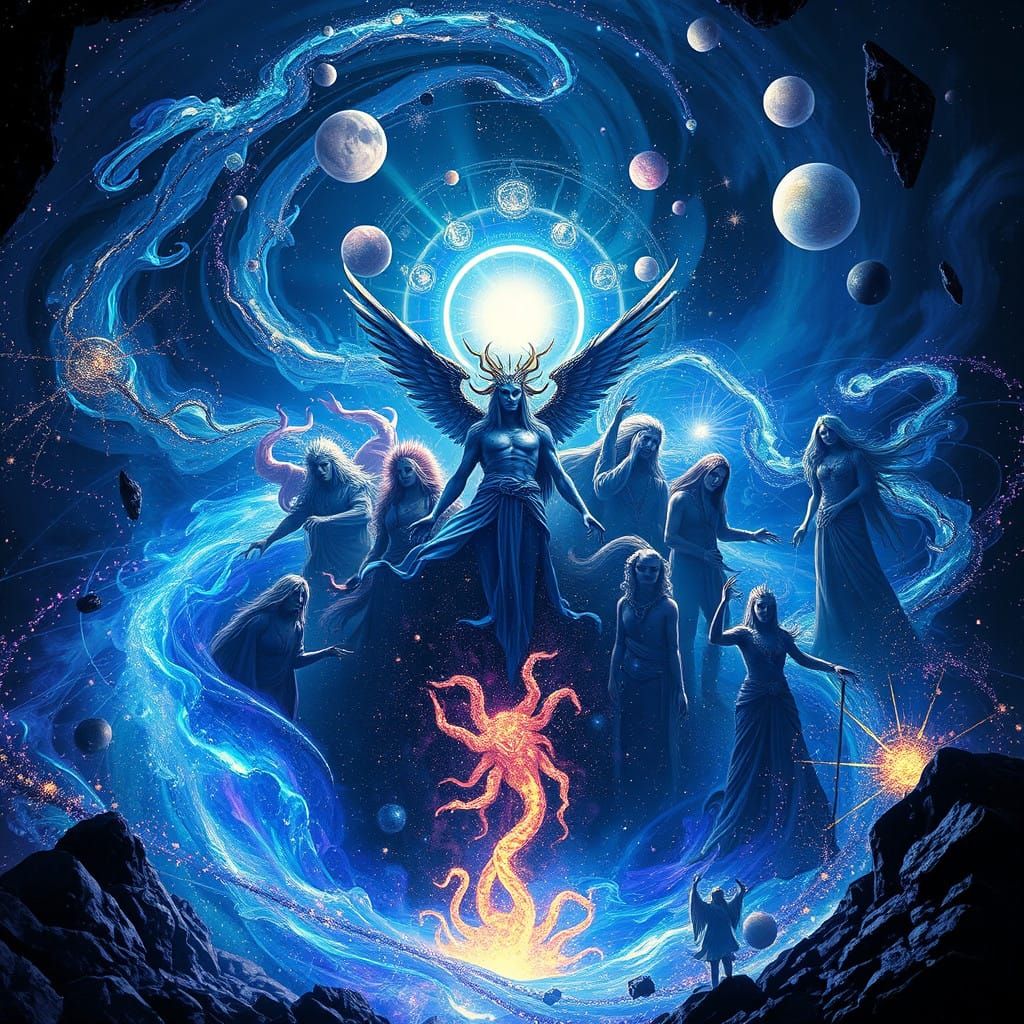 Ethereal gathering of deities from diverse pantheons, converging in a ...