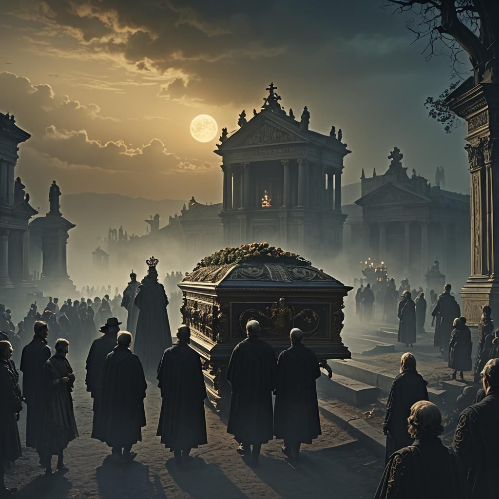 Somber Funeral Procession Under a Moonlit Sky in B... - AI Art