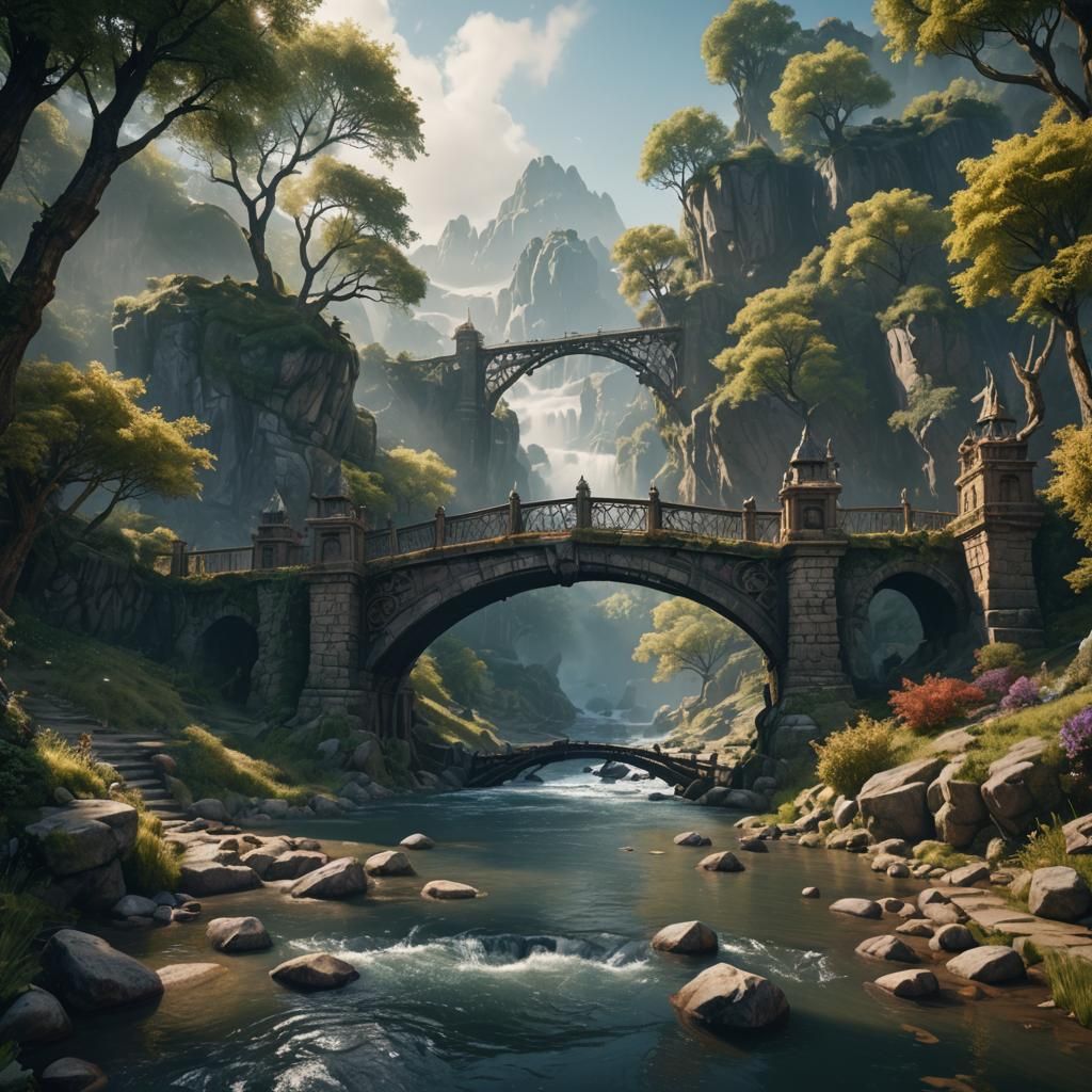 River - Ethereal Bridge Crossing a Mystical River in Fantast...