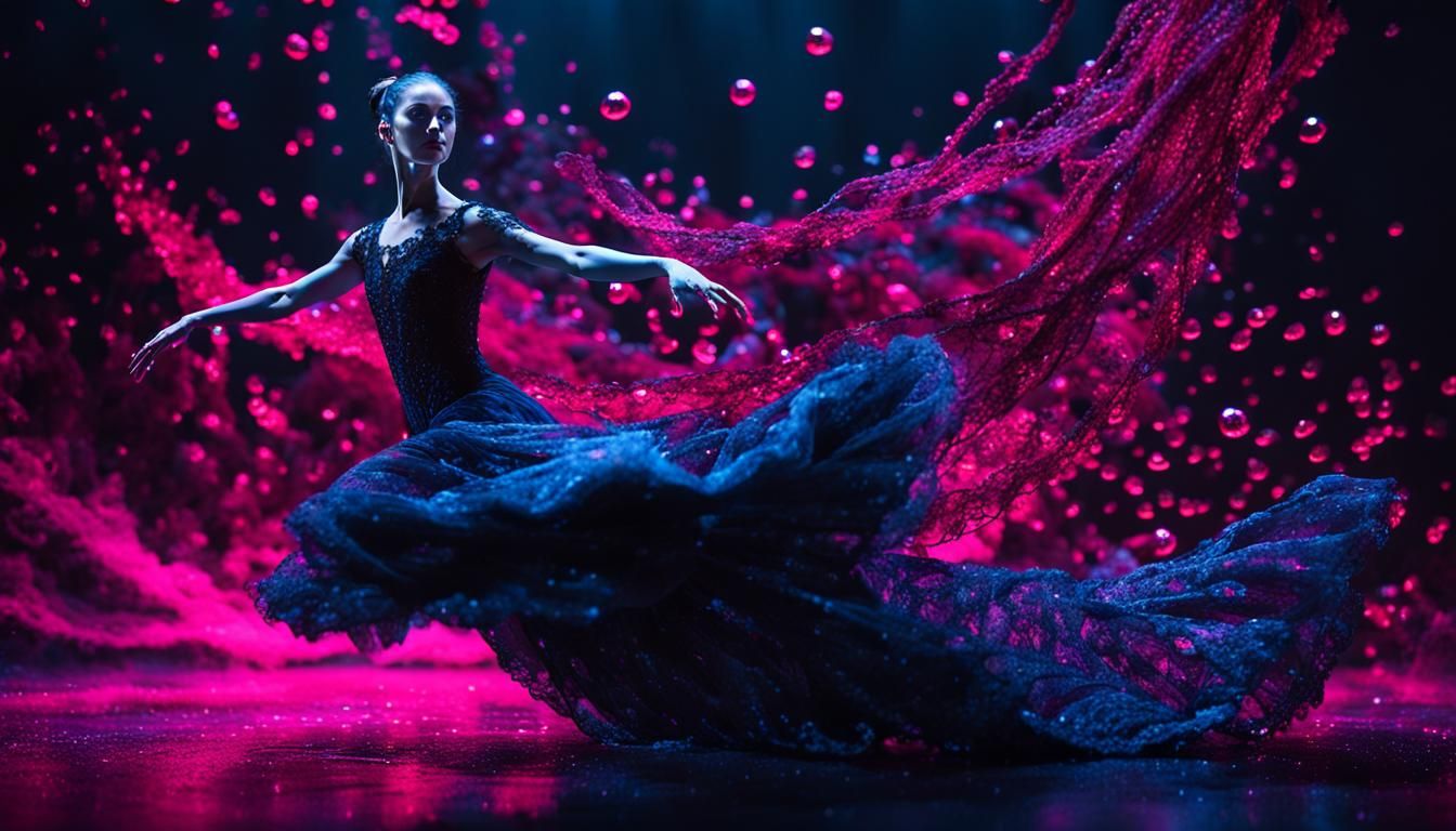 Full body, wide angle view of an Oneiric ballerina, emits a fuchsia ...