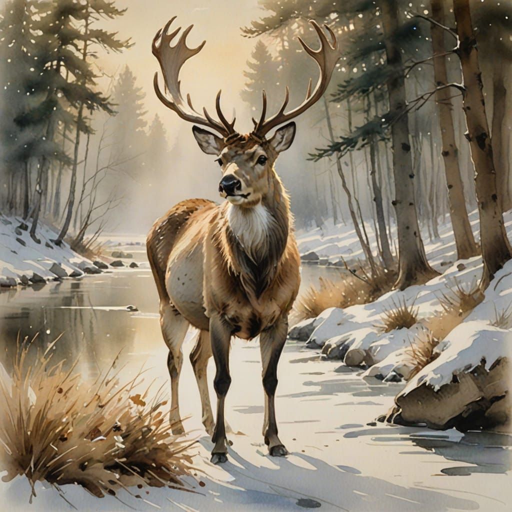 Impressionistic watercolor portrait of a reindeer hyper detailed ...