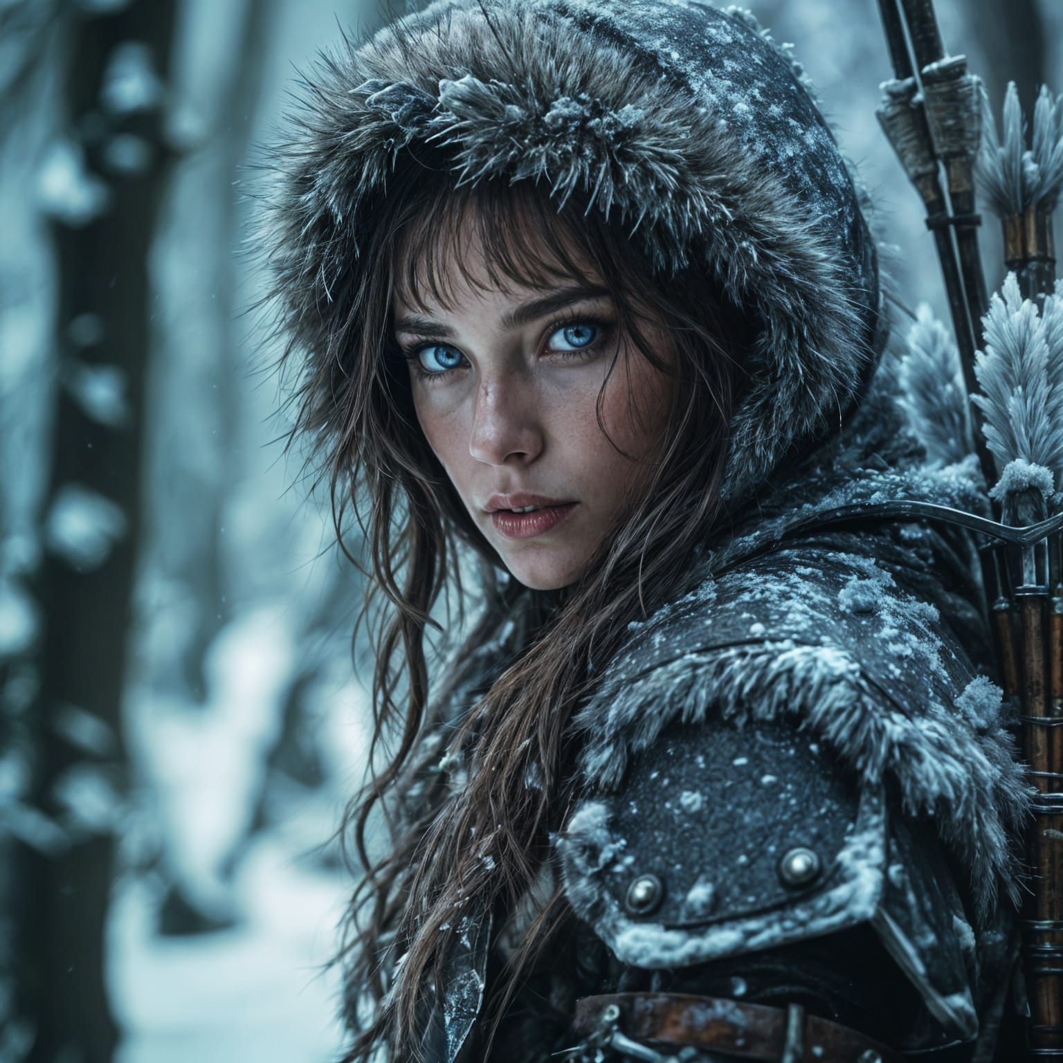 A huntress with piercing eyes, her face framed by a fur-lined hood and ...