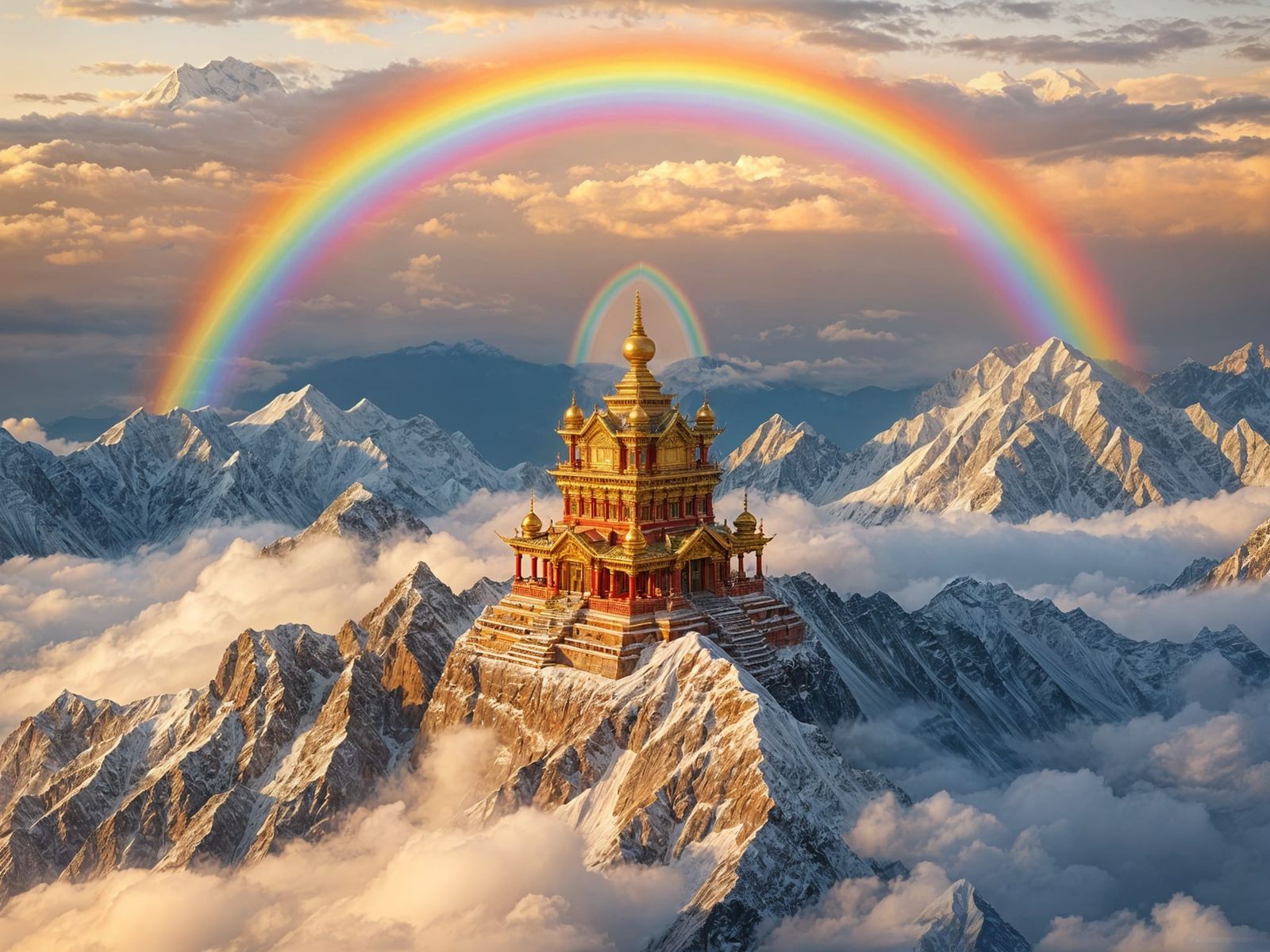 Himalayan mountain::the 3D temple from kalachakra mandala::a rainbow above