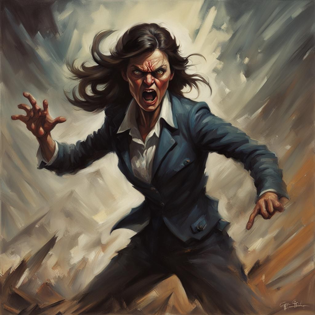 Frightening, odd brunette woman, angry pose - AI Generated Artwork - NightCafe Creator