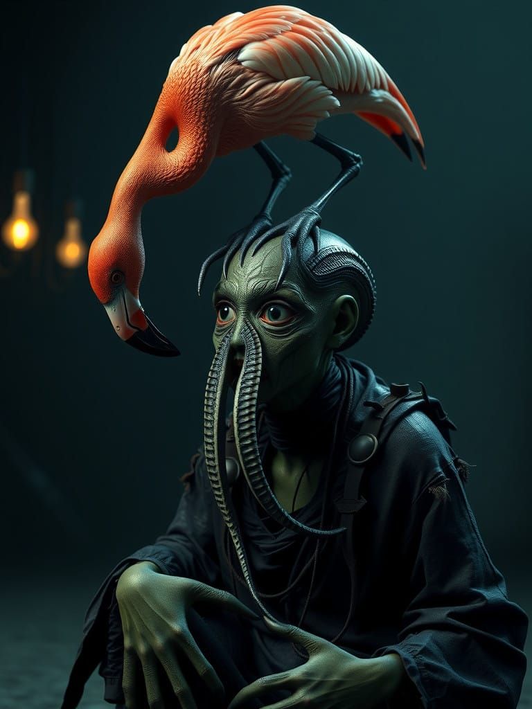 Frightful Alien Horror Attacked by Flamingo in Got... - AI Art