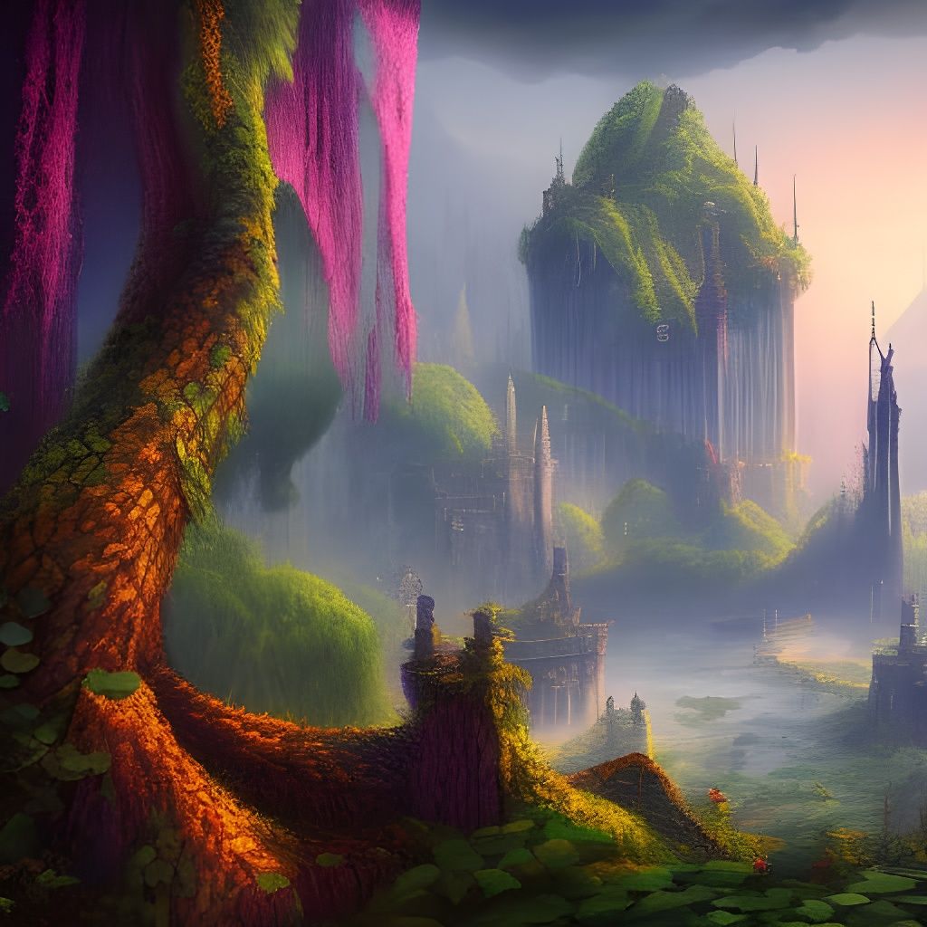 Hidden city with mythical creatures, covered in vines - AI Generated ...