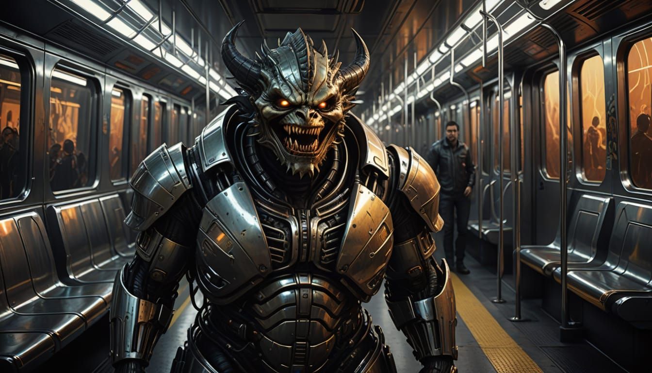 a fat happy ugly demon riding on a subway