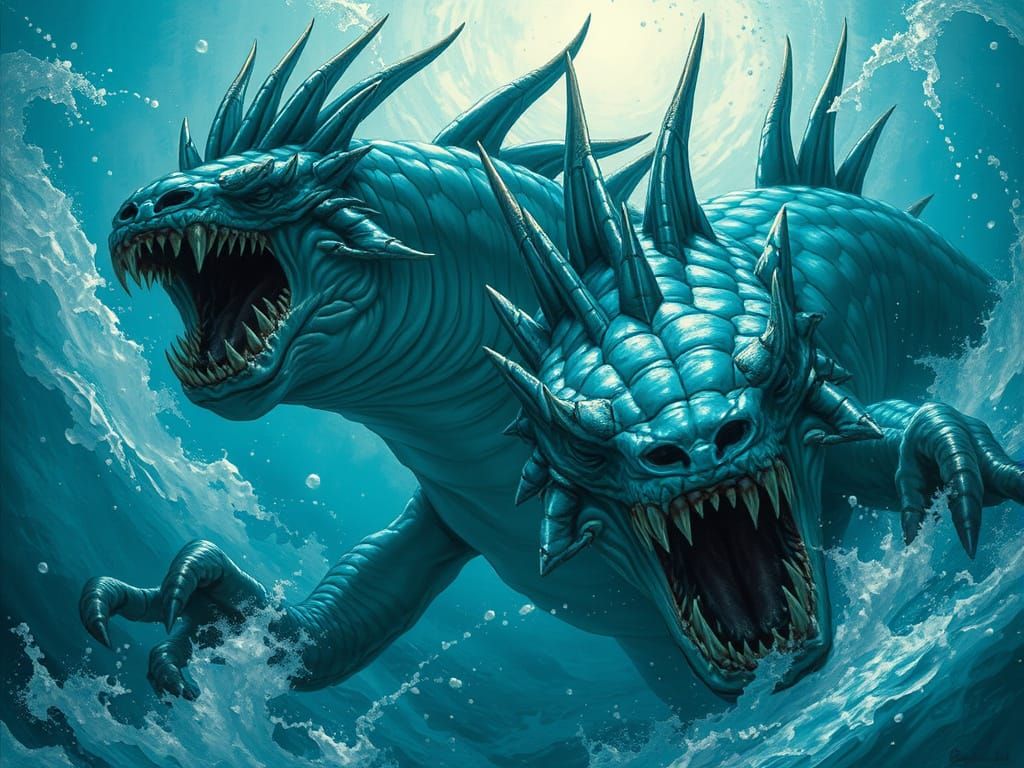 Vicious mermaids, with sharp teeth, swimming fast toward the observer ...