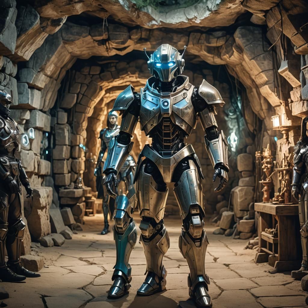 Medieval Robots in a Cave Dungeon Lair, a Futurist... - AI Art