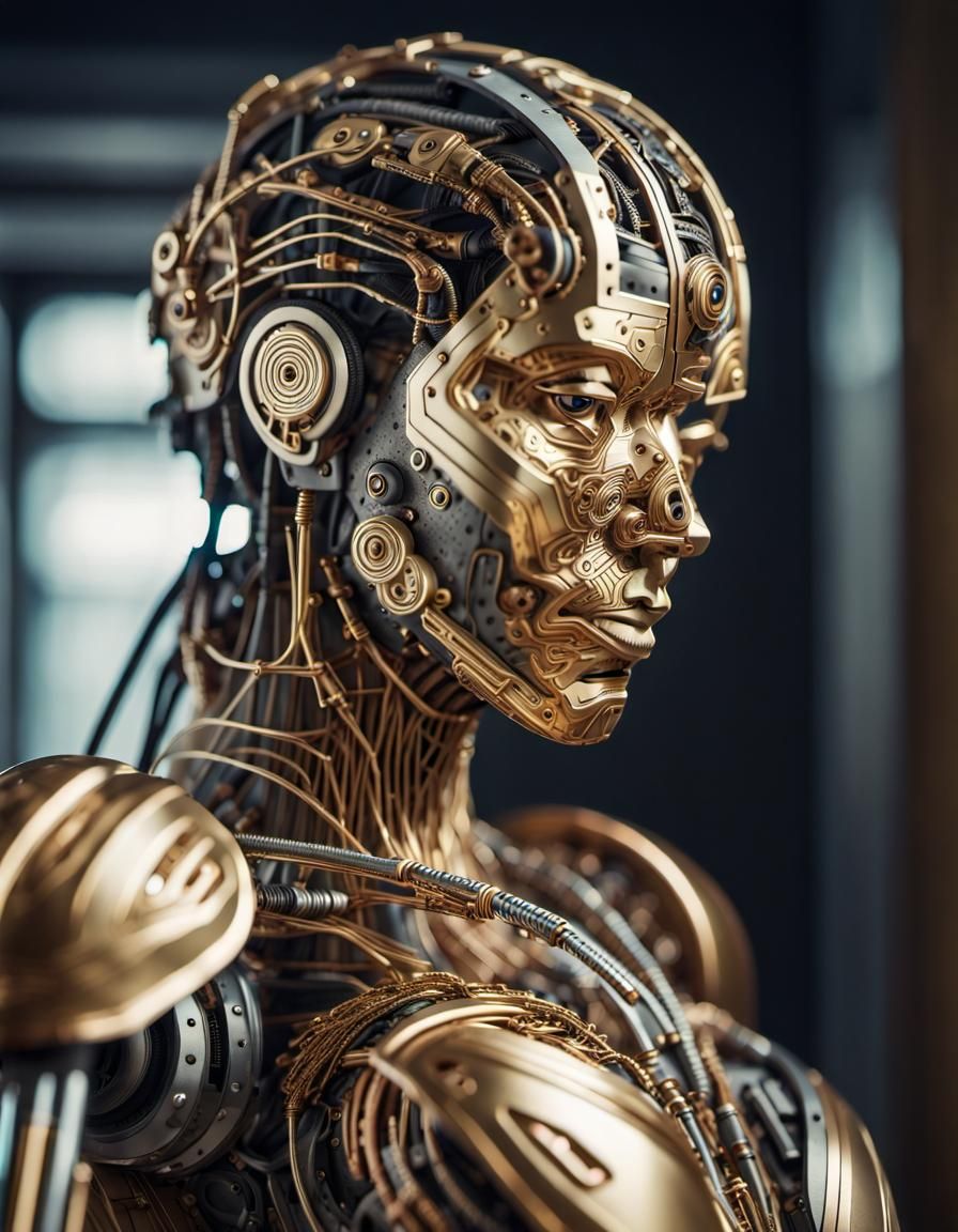 Portrait of an Intricate cyborg made of golden metal wires and wood ...