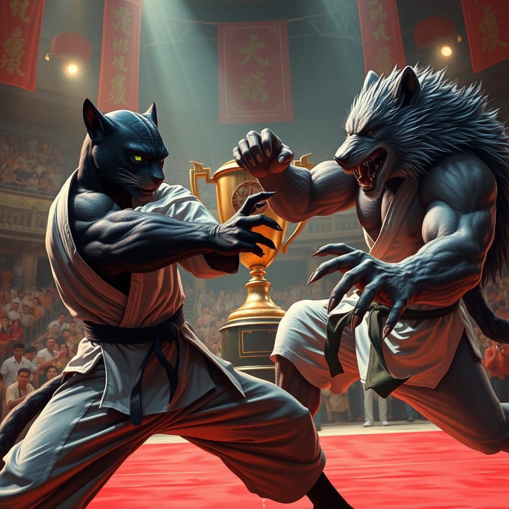 Werewolf and Were-Panther Clash in Epic Karate Sho... - AI Art