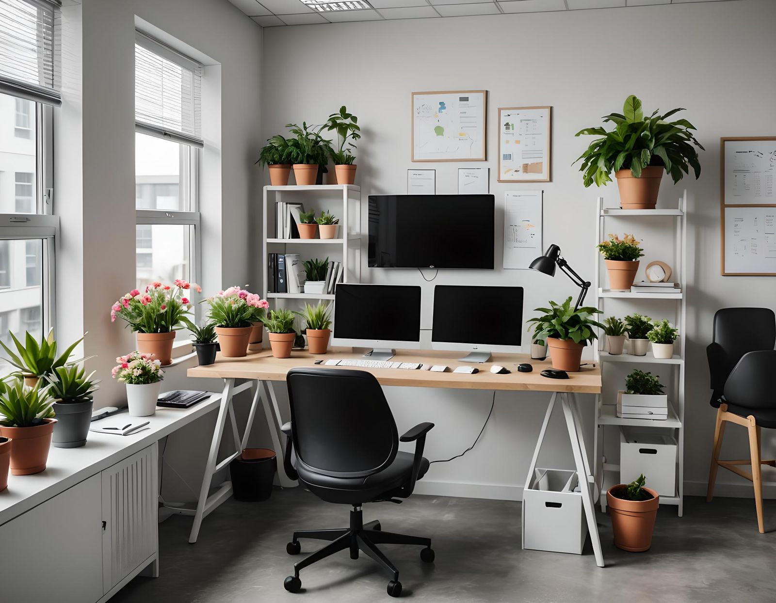 Workplace with computer and flower pots in modern office - AI Generated ...