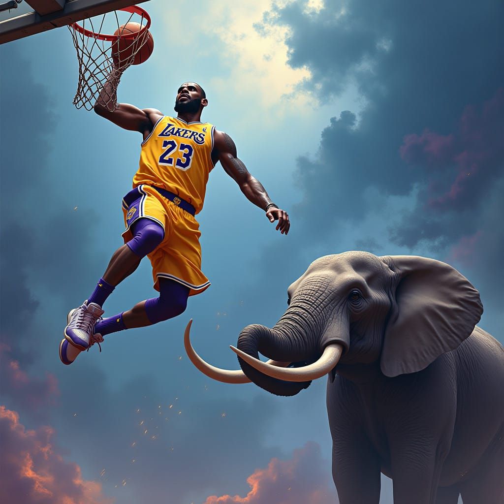 Lebron dunking on an elephant - Lebron James Soars Through t...