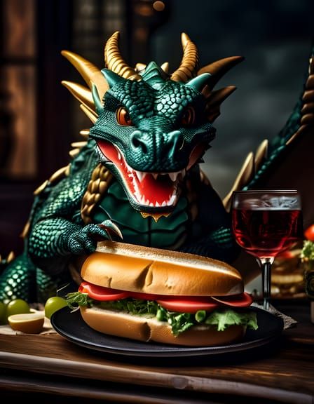 Dragon eating Wacky Sandwich - AI Generated Artwork - NightCafe Creator