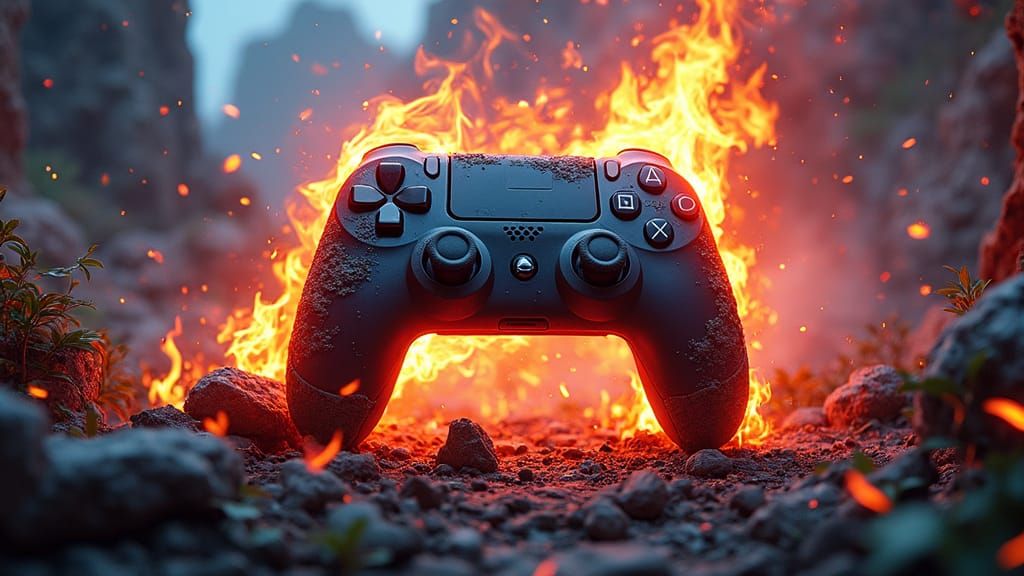Gaming Controller Inferno in Futuristic Game Lands... - AI Art