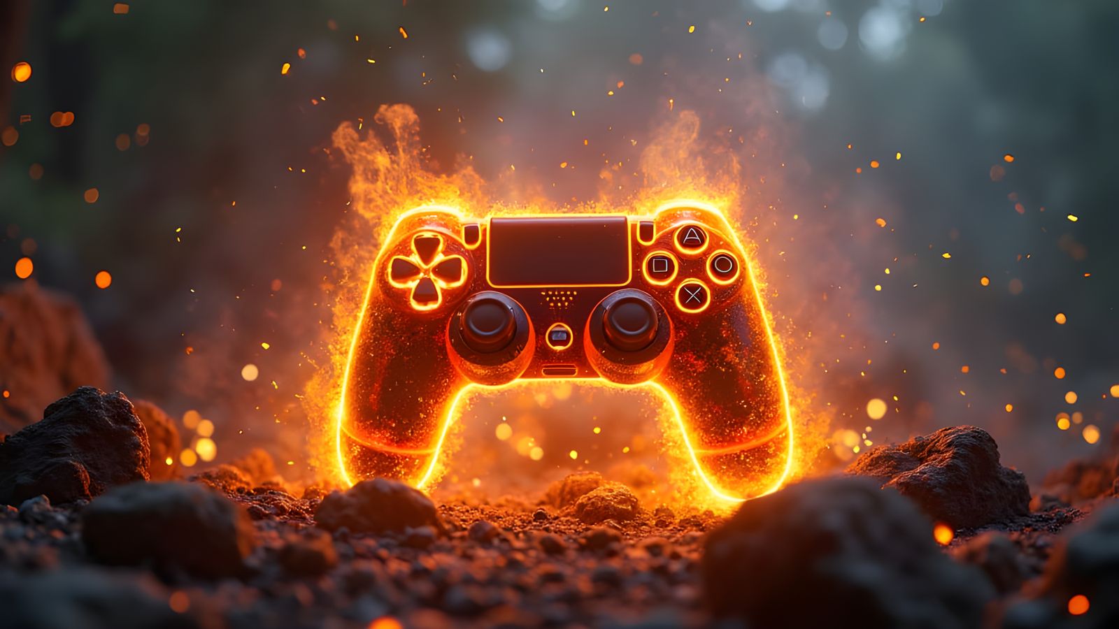 Burning Controller in a Mosaic of Game Worlds - AI Art